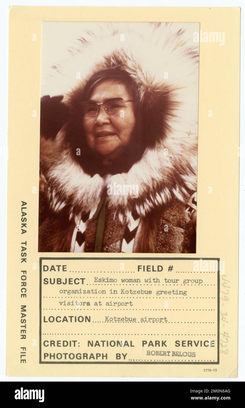 Eskimo woman with tour group organization in Kotzebue greeting visitors ...