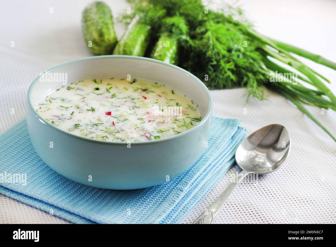 Okroshka - traditional Russian cold soup with fresh cucumber, boiled ...