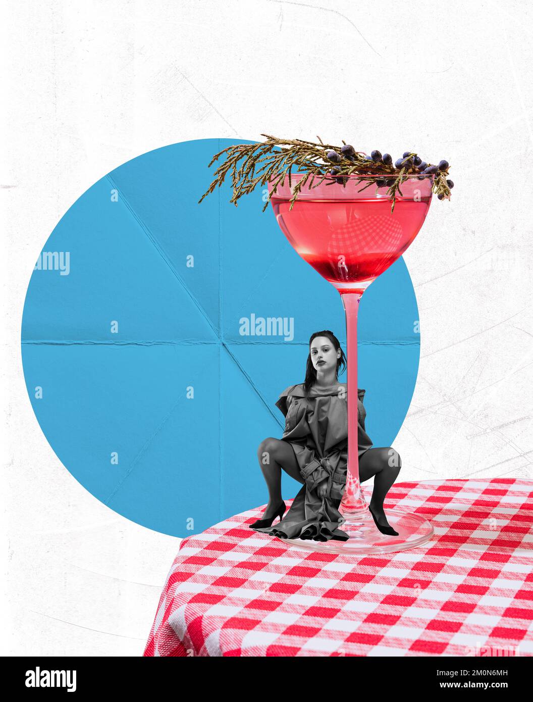 Contemporary art collage. Stylish woman near giant cocktail glass over ...