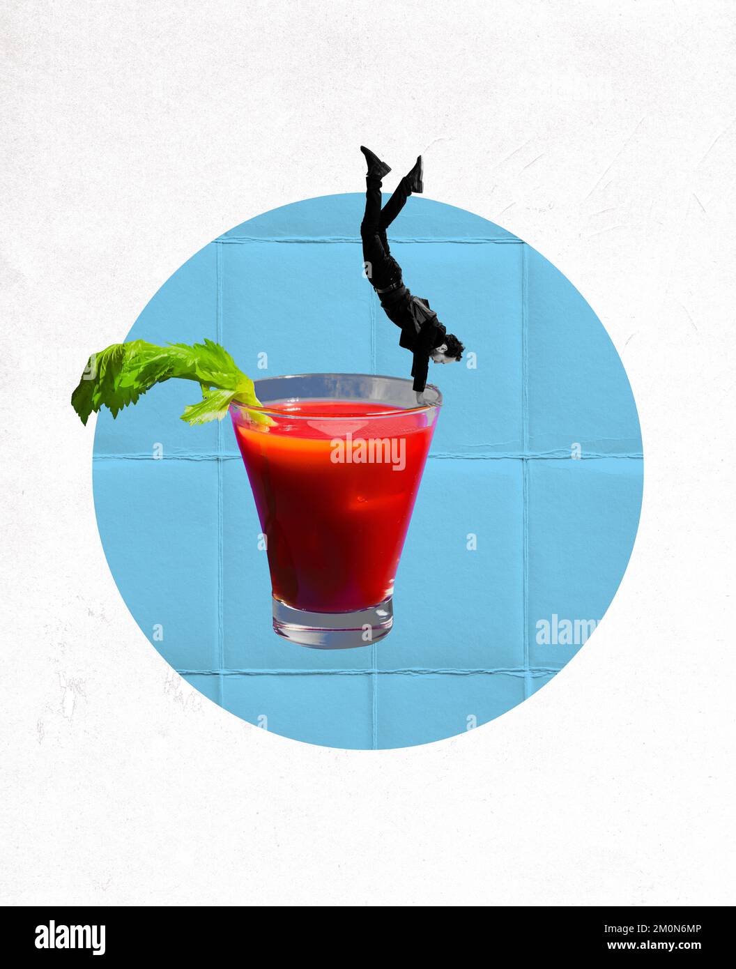 Creative design with young man falling down into cocktail glass ...