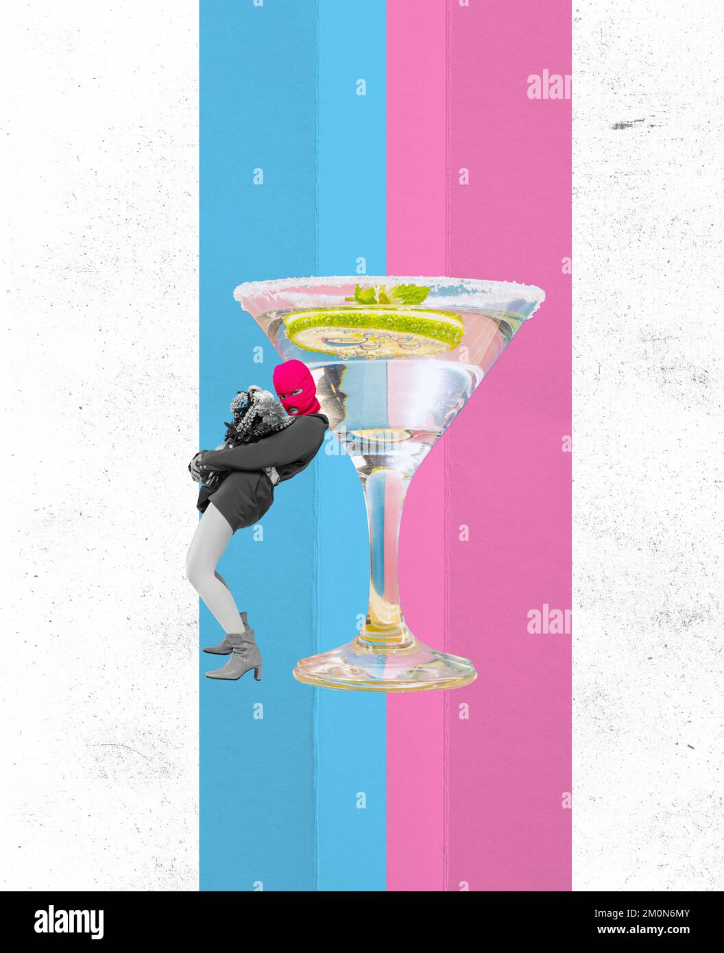 Extravagant girl in balaclava standing near huge cocktail glass over ...