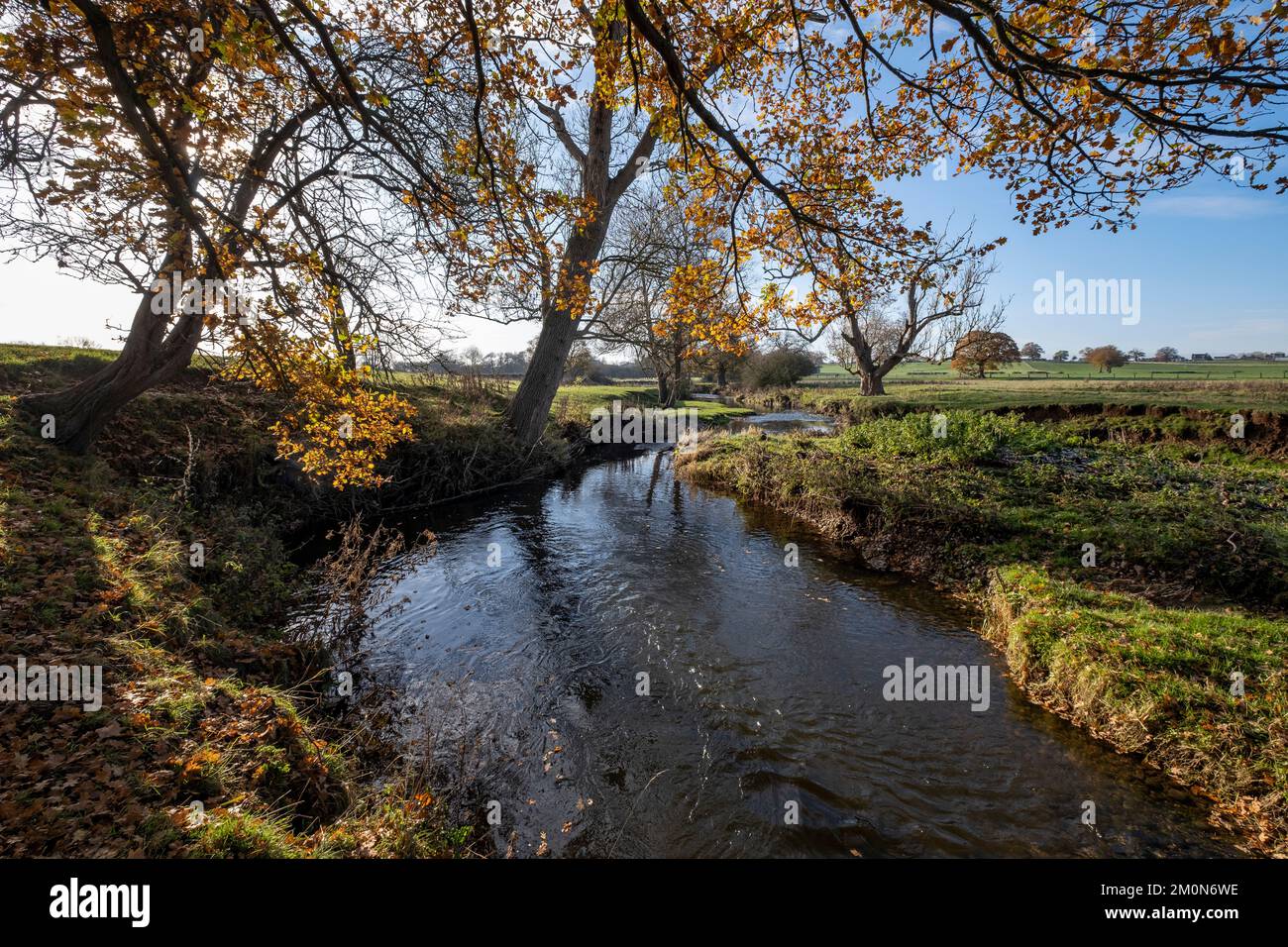 The river Arrow in winter sunshine lined by colourful autumnal trees ...