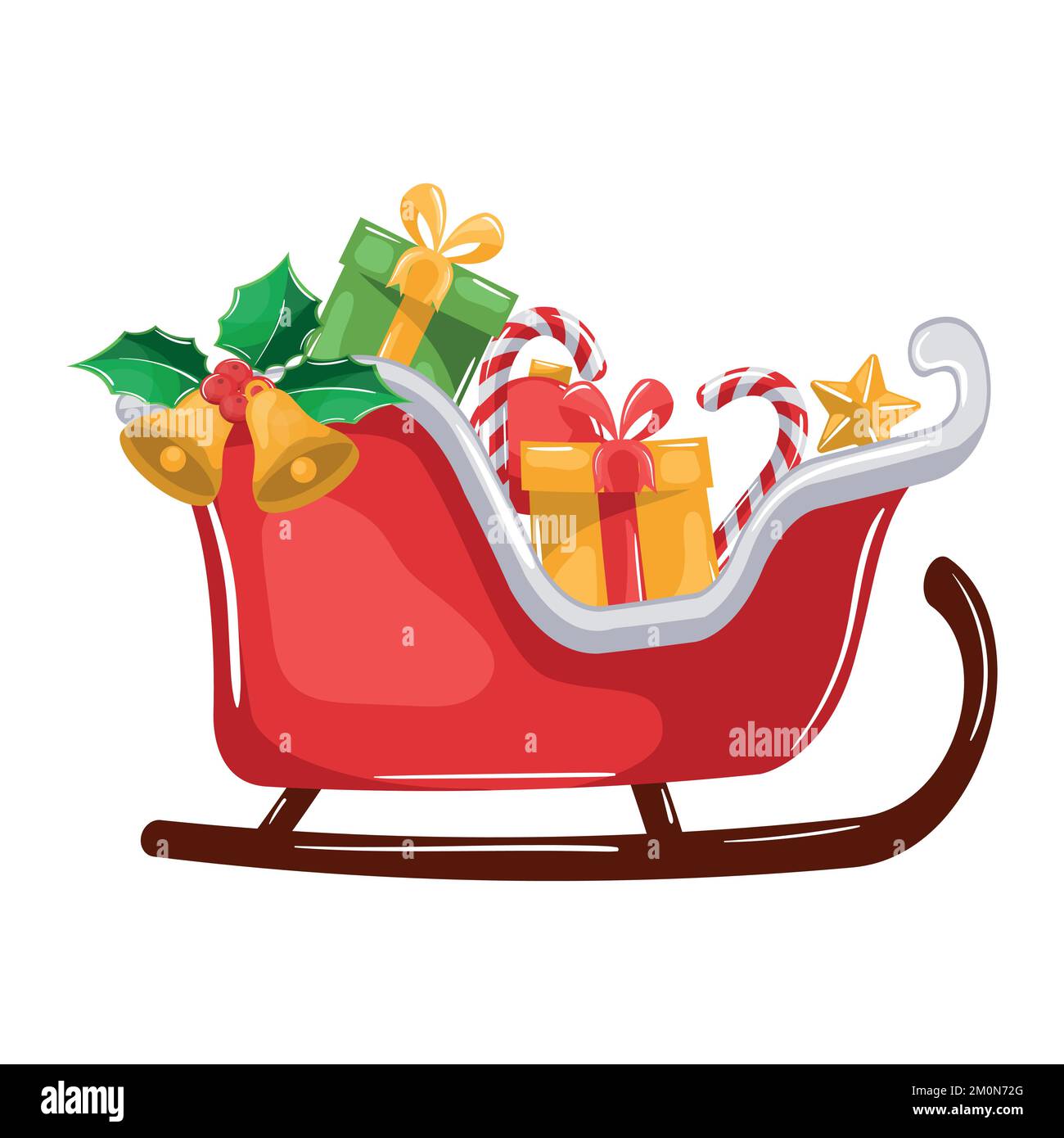 Santa sleigh design with gift boxes, candy baton and holly leaves for ...