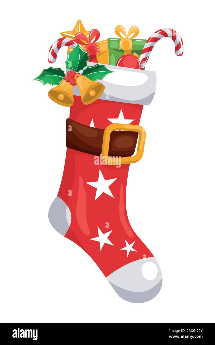 Santa Claus Stocking With Christmas Decorations Bells Holly Leaves
