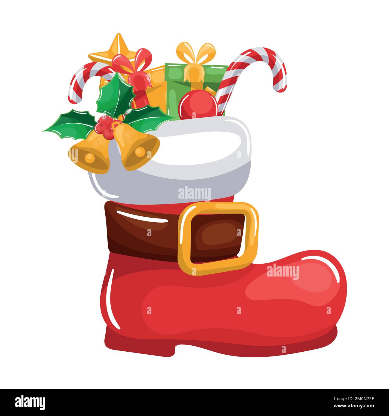 Santa claus boot, with Christmas decorations, bells, holly leaves ...