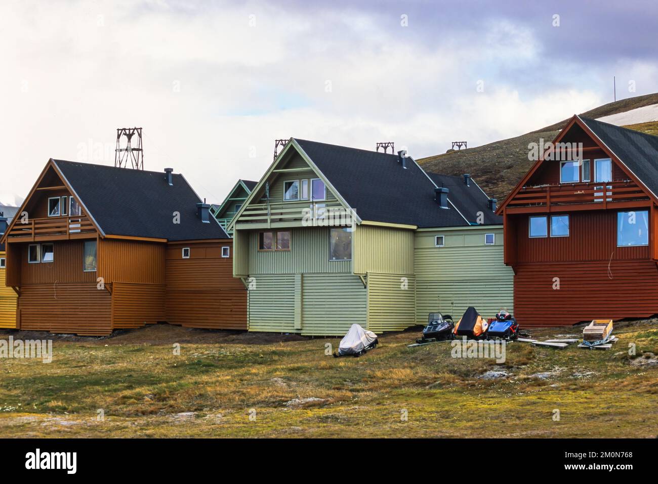 Residential building with parked snowmobiles in Longyearbyen Stock ...