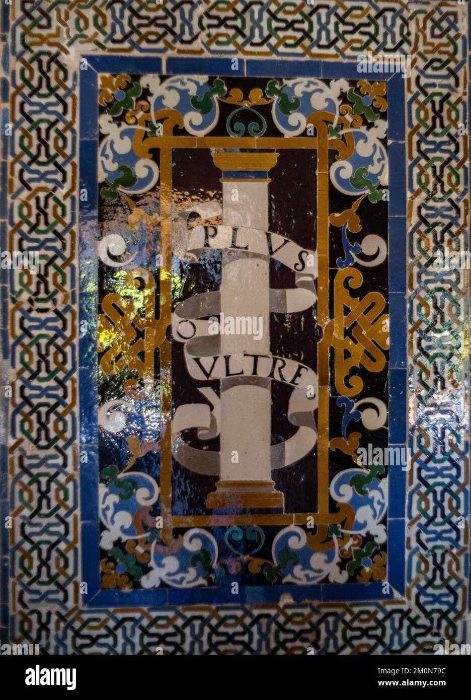 A vertical of an interior wall design with colorful ornamented fresco ...