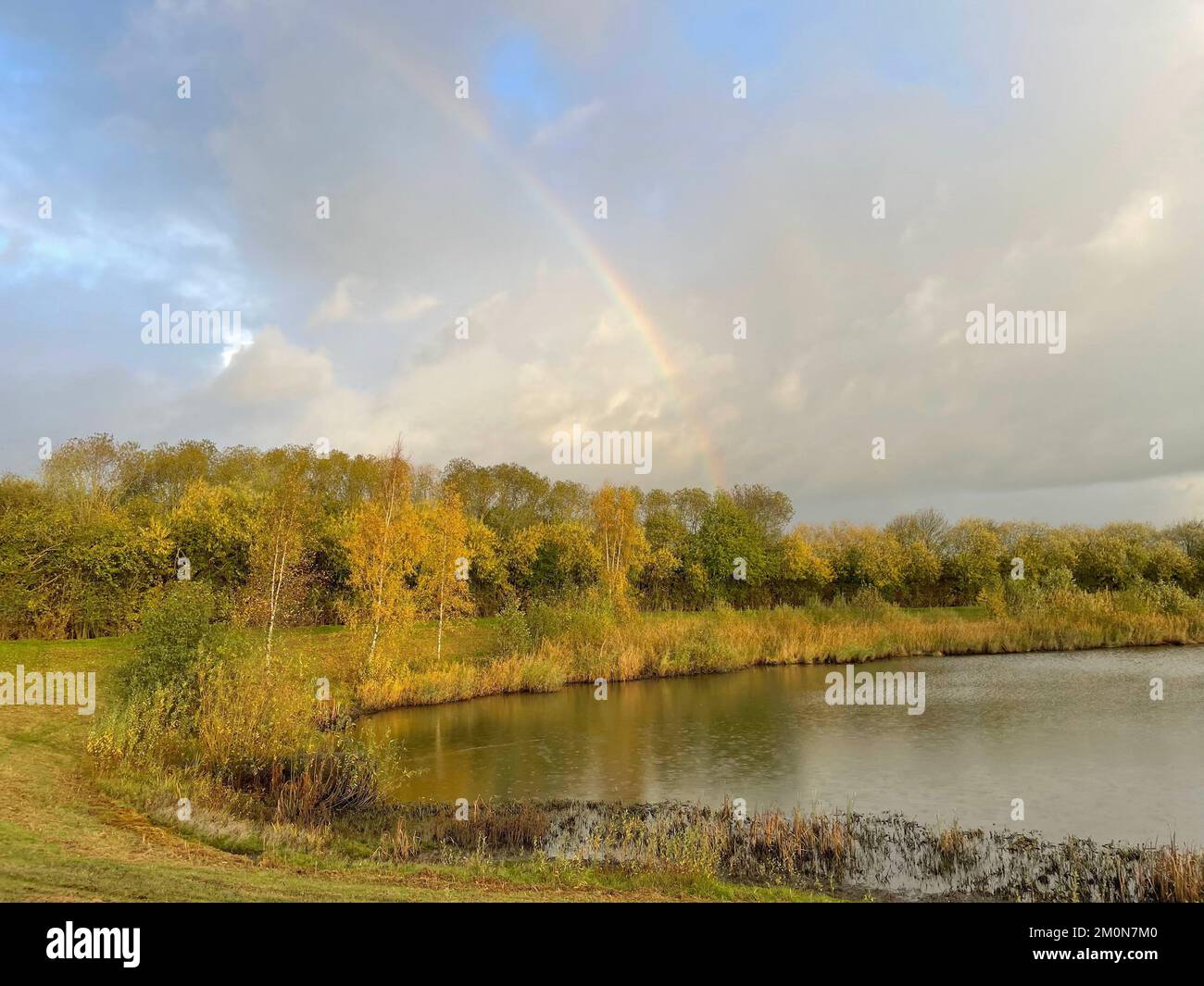 A beautiful rainbow over a green forest with a lake Stock Photo - Alamy