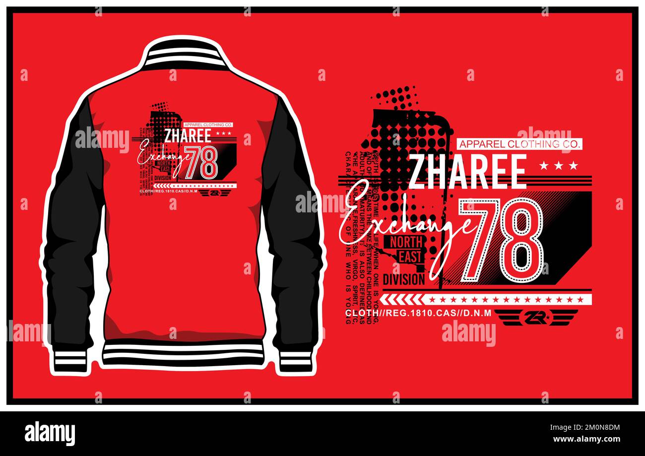 A vector design of a varsity jacket in red and black colors with ...