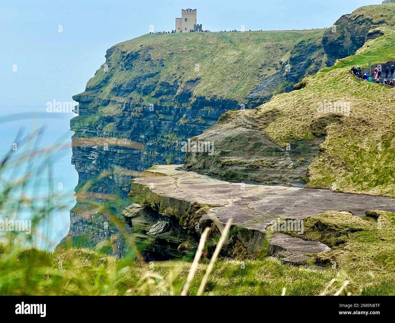 The cliffs of Moher with a castle in the background in County Claire ...