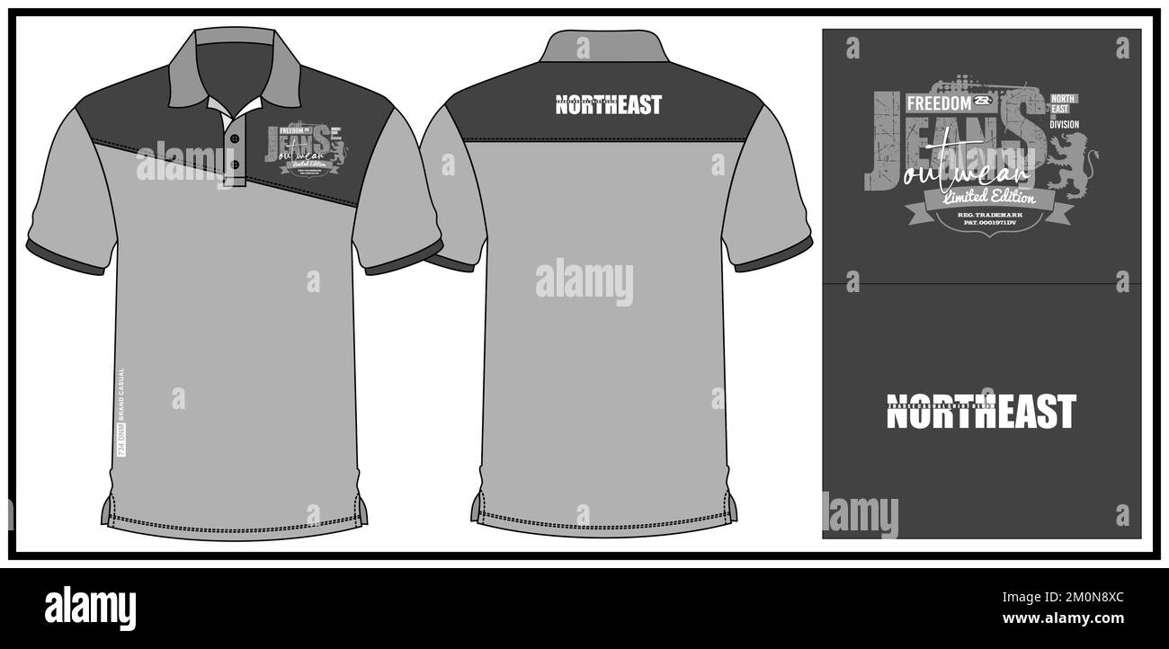 A vector design of a gray shirt with editable prints on the front and ...