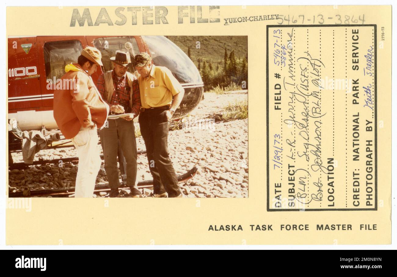 L-R Jerry Timmon (BLM), Sig Olsen (USFS), Bob Johnson (BLM pilot). Alaska Task Force Photographs ...