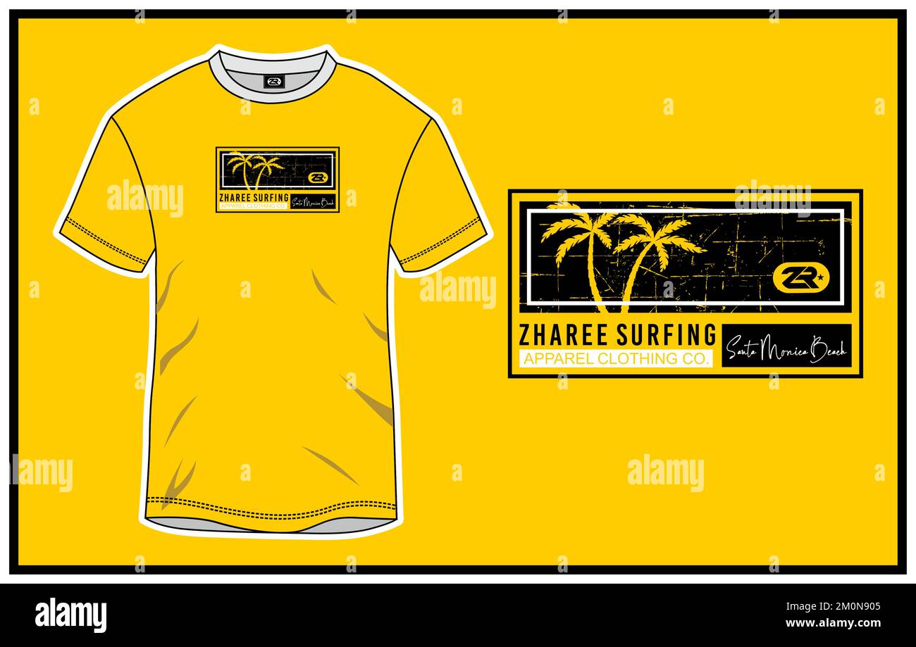A vector design of a yellow shirt with a tropical-themed editable logo ...