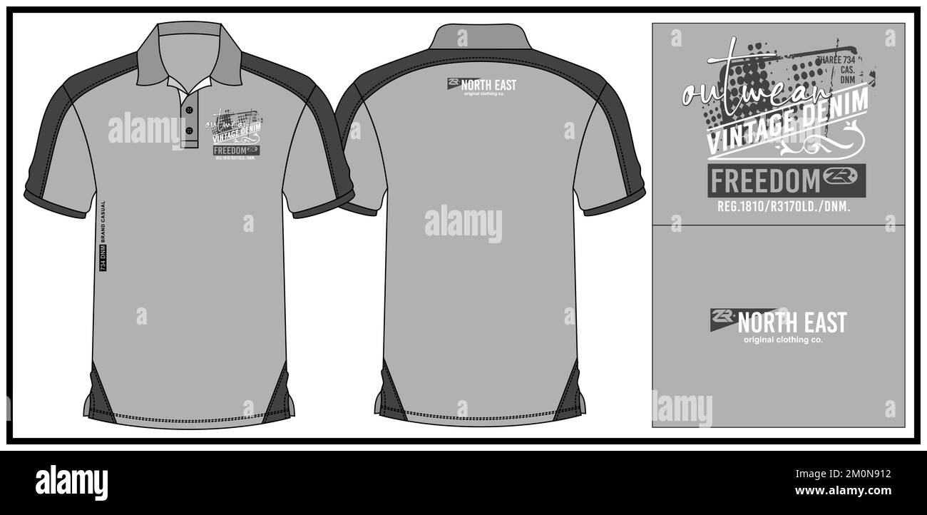 A vector design of a gray shirt with editable prints on the front and ...