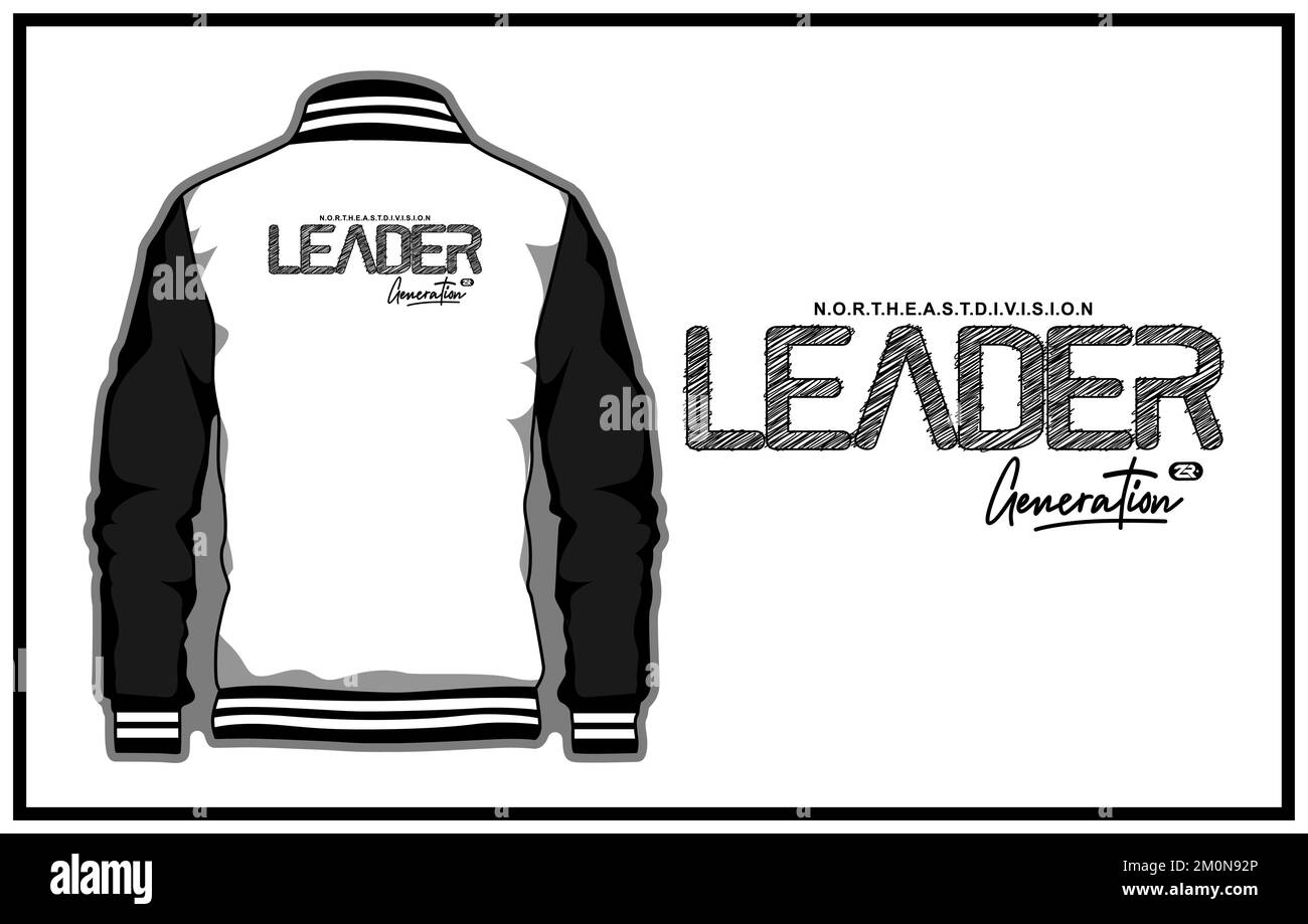 A vector design of a varsity jacket in white and black colors with an ...