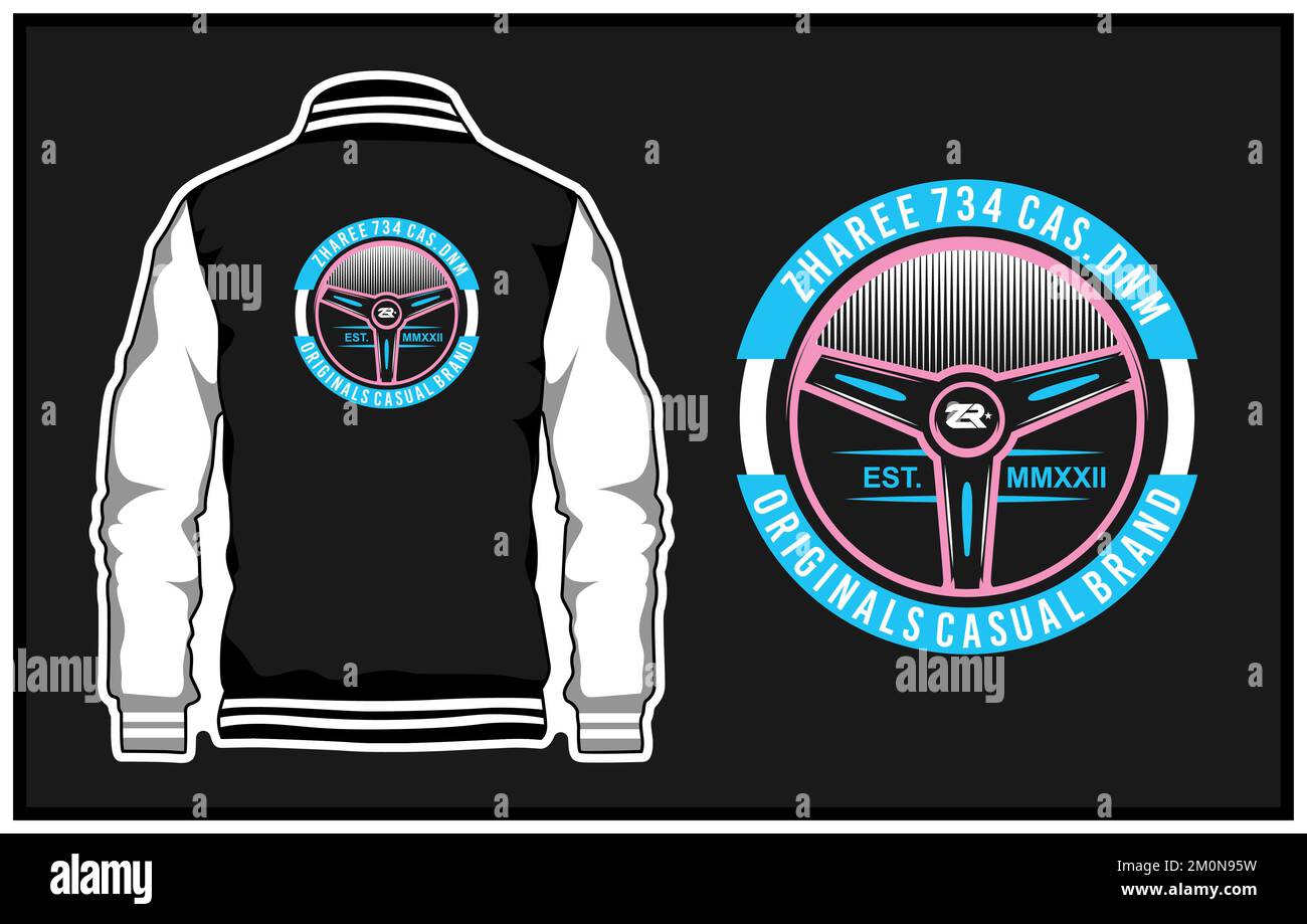 A vector design of a varsity jacket in black and white with an editable ...