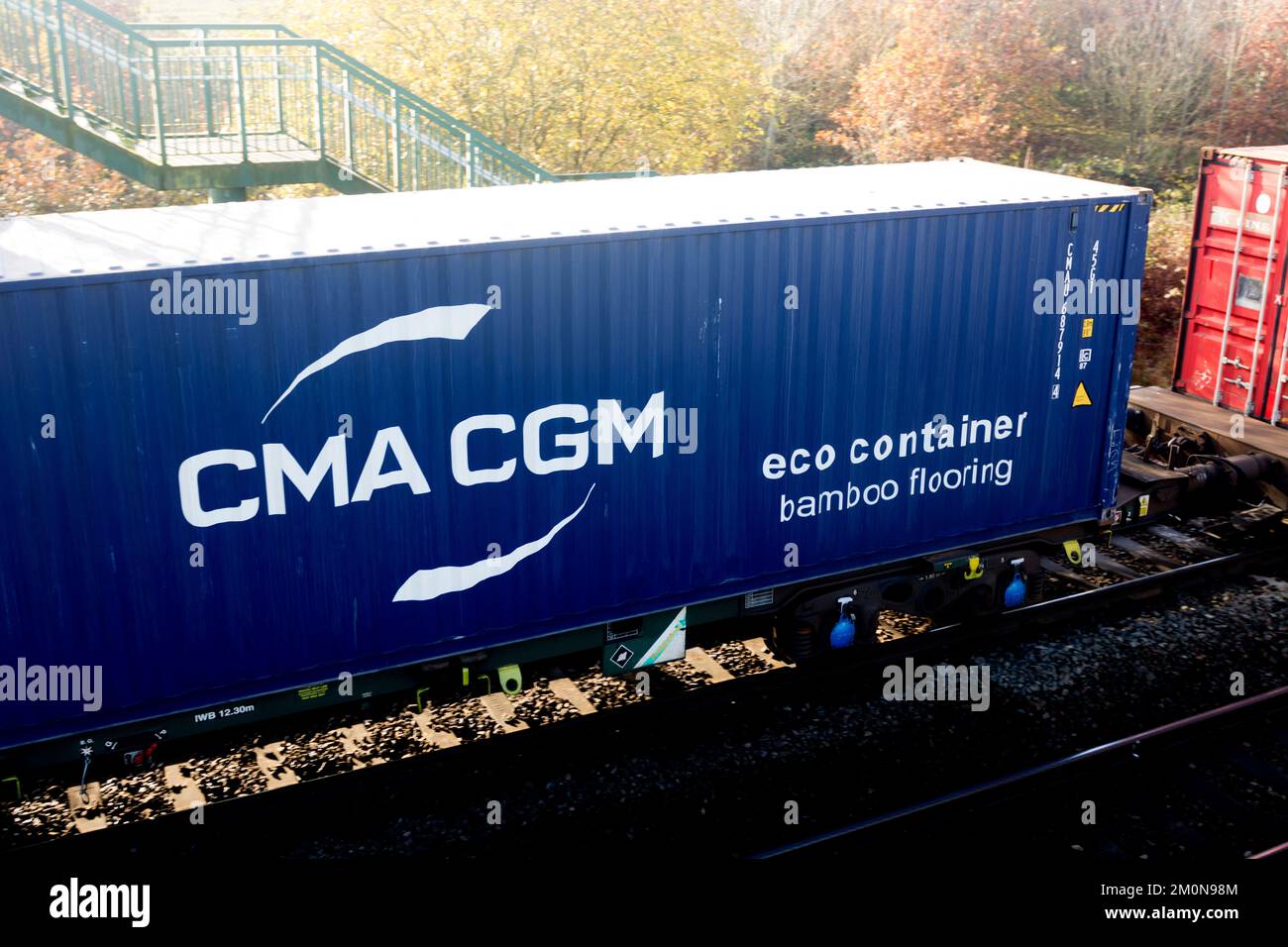 CMA CGM eco container on an intermodal train, Warwickshire Stock Photo ...