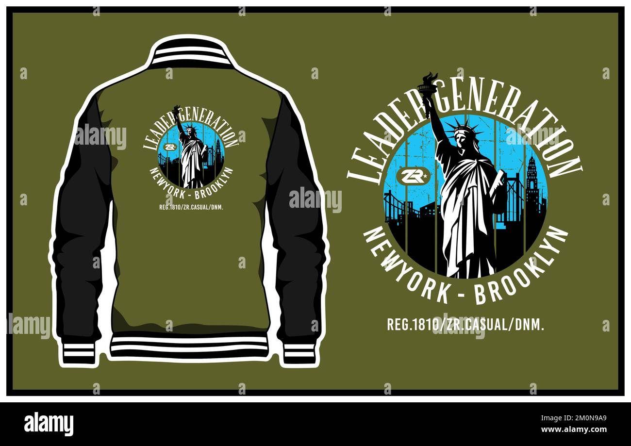 A vector design of a varsity jacket in olive green and black with an ...