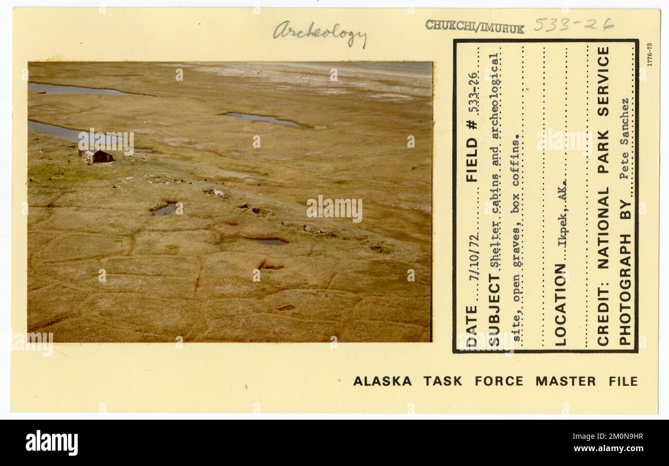 Shelter cabin and archeological site, open graves, box coffins. Alaska ...