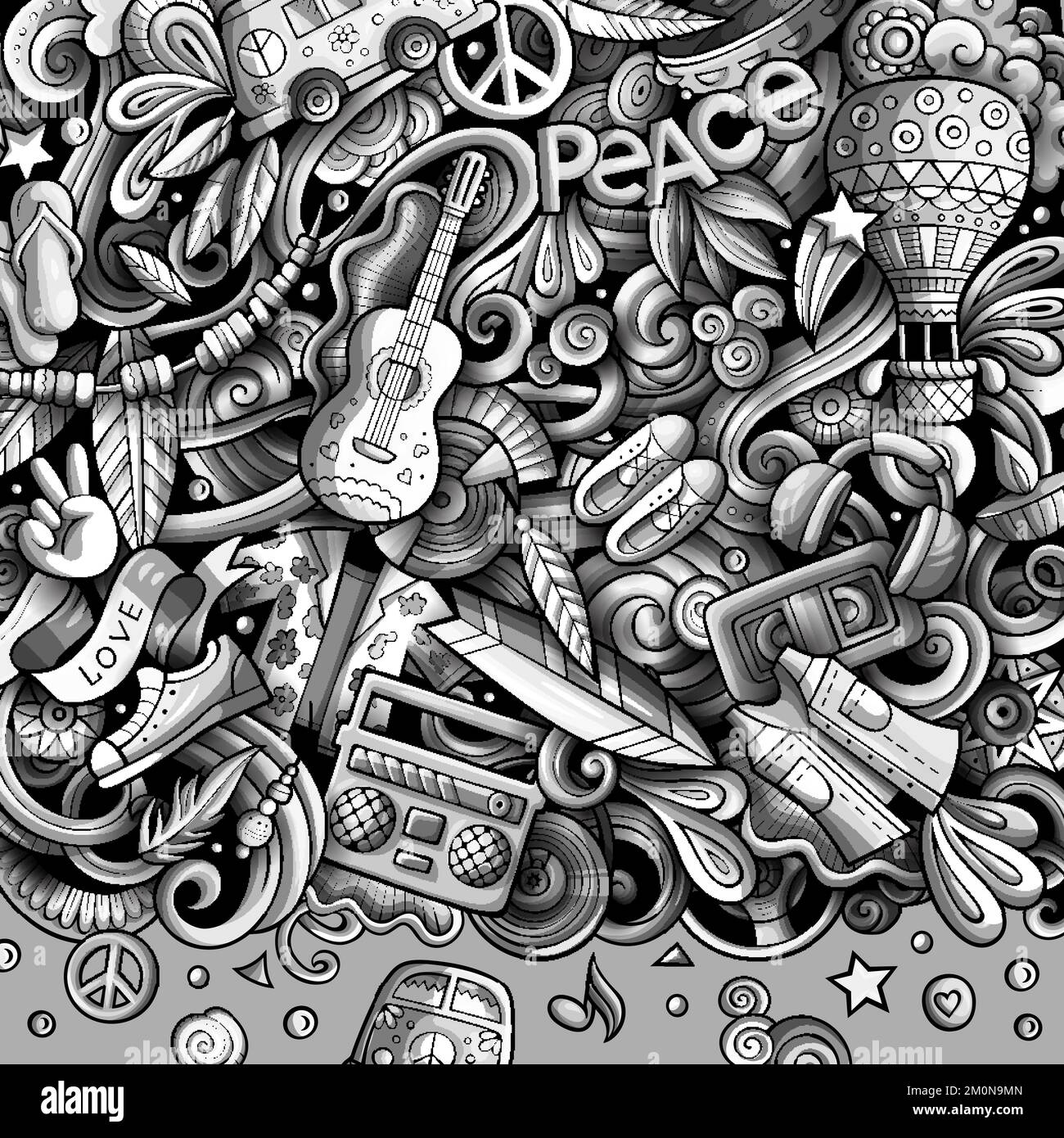 Hippie hand drawn vector doodles illustration. Hippy frame card design ...