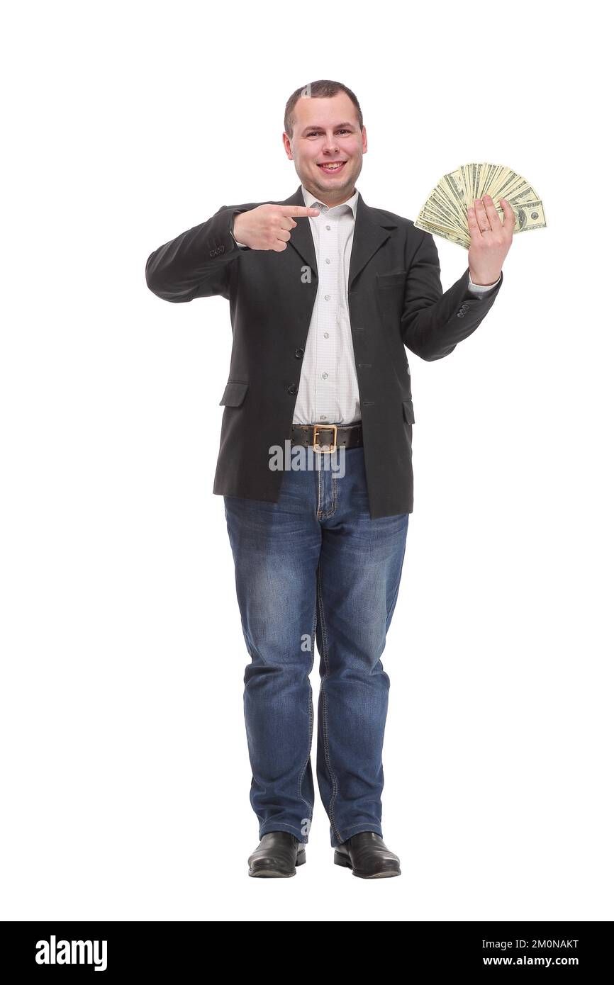 Smiling businessman in jeans with dollar money showing thumbs up Stock ...