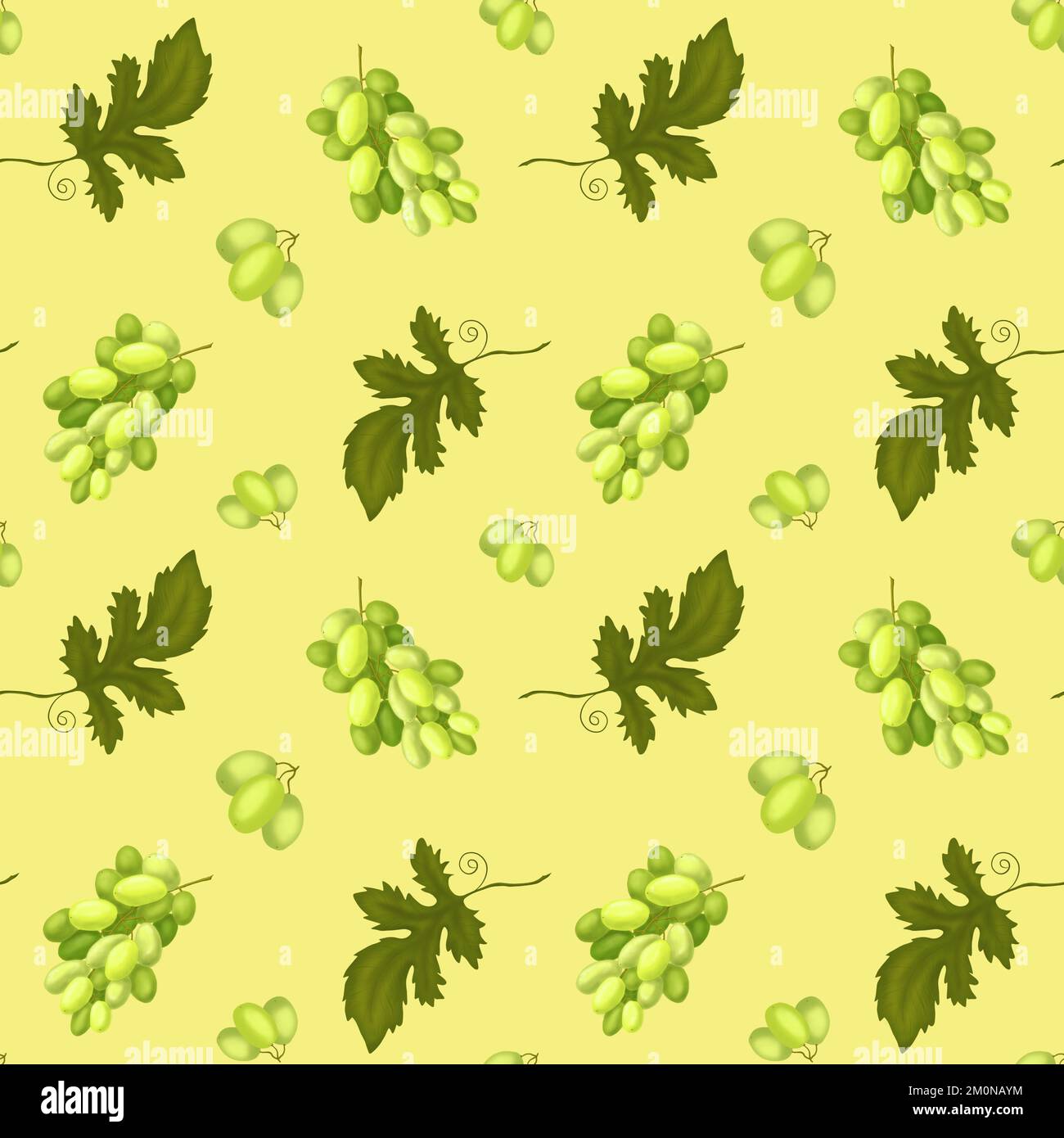 Grape. Seamless Pattern with Bunches of Green Grapes and Leaves. Bright ...