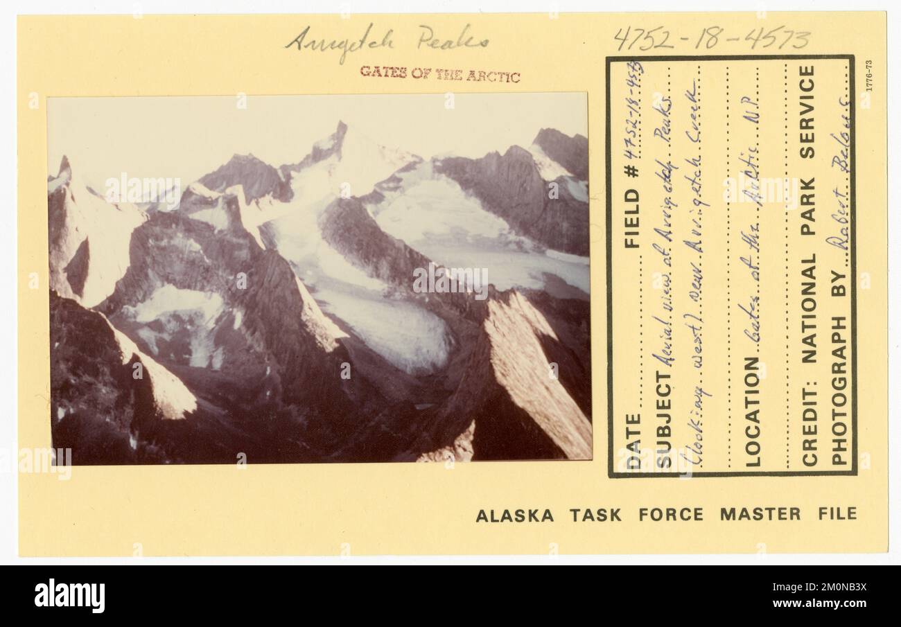 Aerial view of Arrigetch Peaks (looking west) near Arrigetch Creek ... Aerial view of Arrigetch Peaks (looking west) near Arrigetch Creek ...