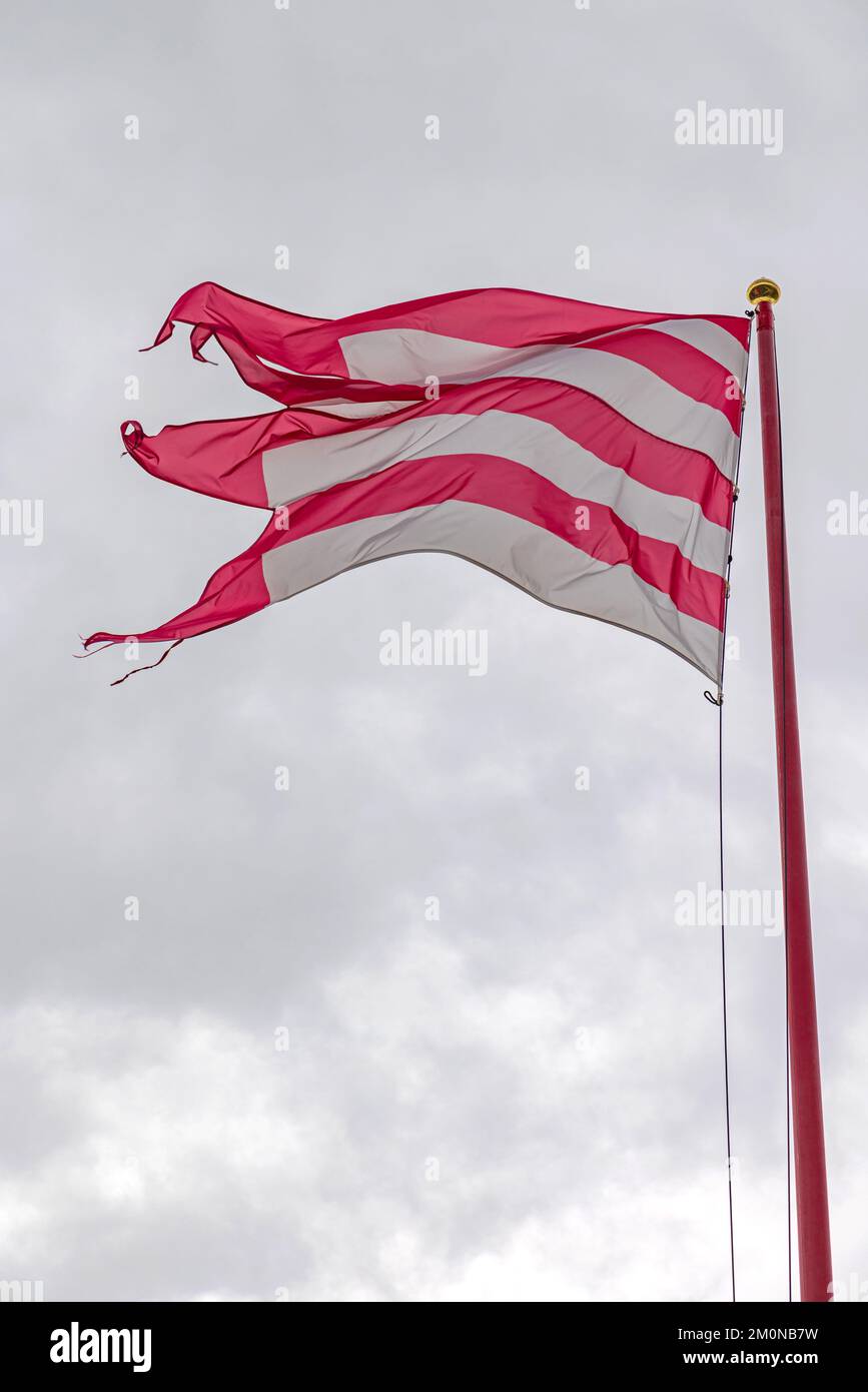 Horizontal Red and White Stripes Flag at Wooden Pole Over Cloudy Sky ...