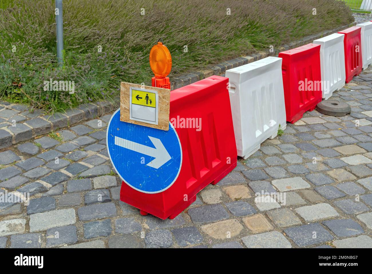 Pedestrians Way Sign Barrier With Amber Beacon Warning Light at ...