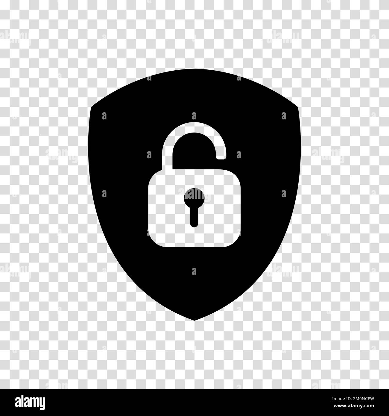 Icon or symbol of a shield with a opened padlock. Sign unlock on a ...