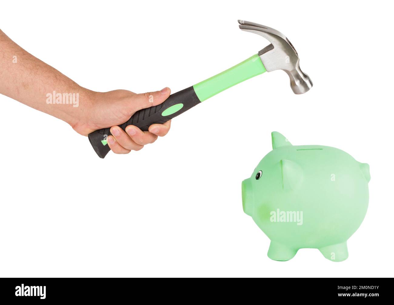 Man holding a hammer and breaking a piggy bank Stock Photo - Alamy