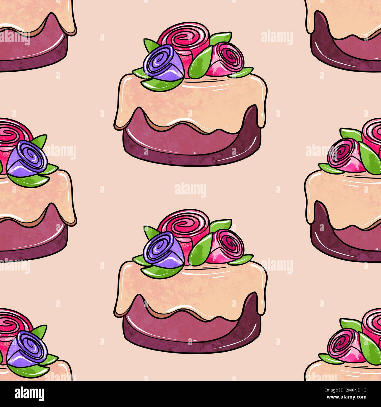 Illustration raster seamless pattern round purple color cake decorated ...