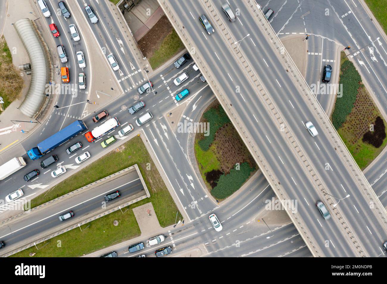 Multi-level intersection aerial landscape, perspective directly above ...