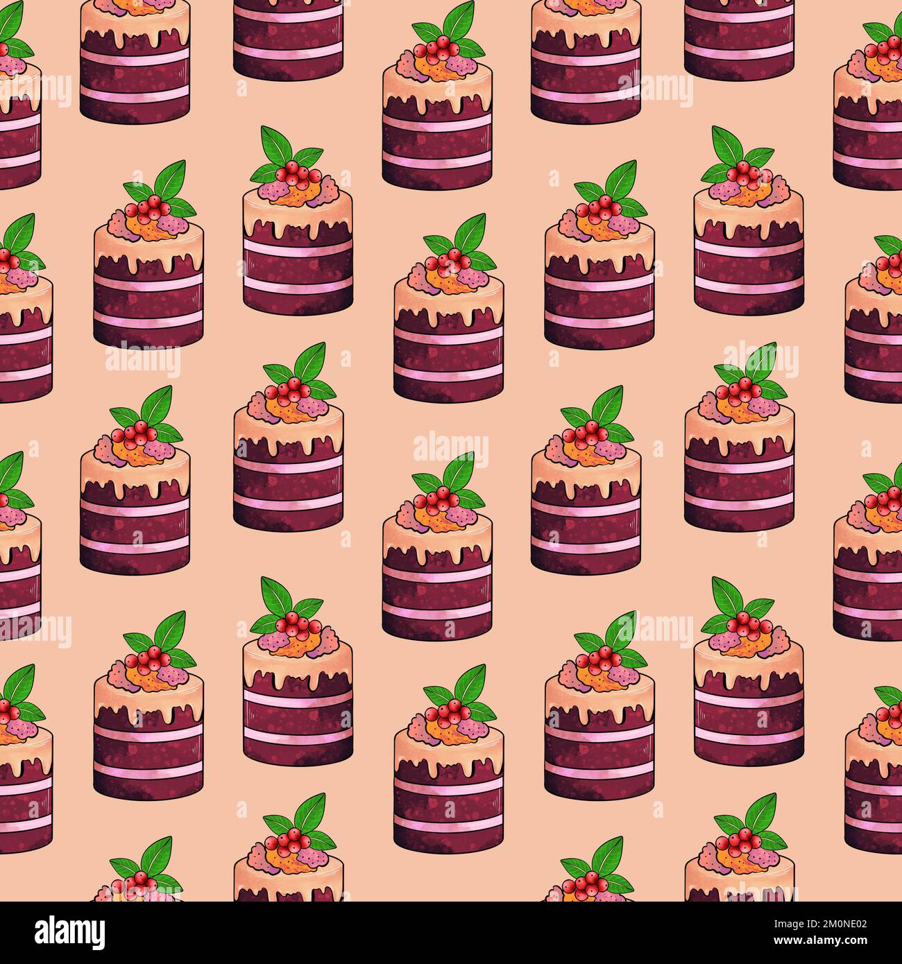 Illustration raster seamless pattern brown color cake pieces on orange ...