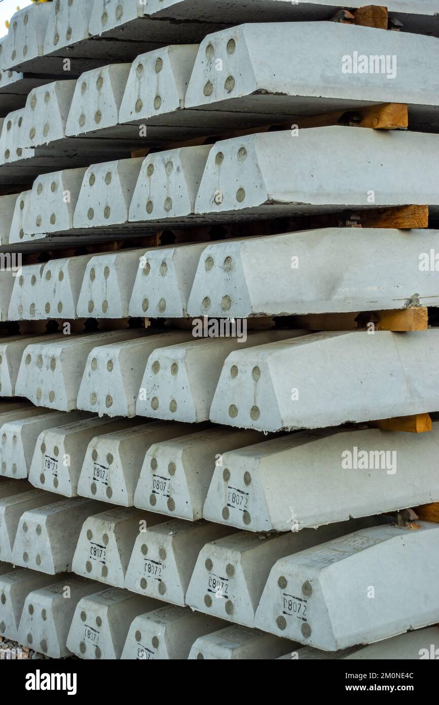 Stacks of concrete railway sleepers at the construction site of a new ...