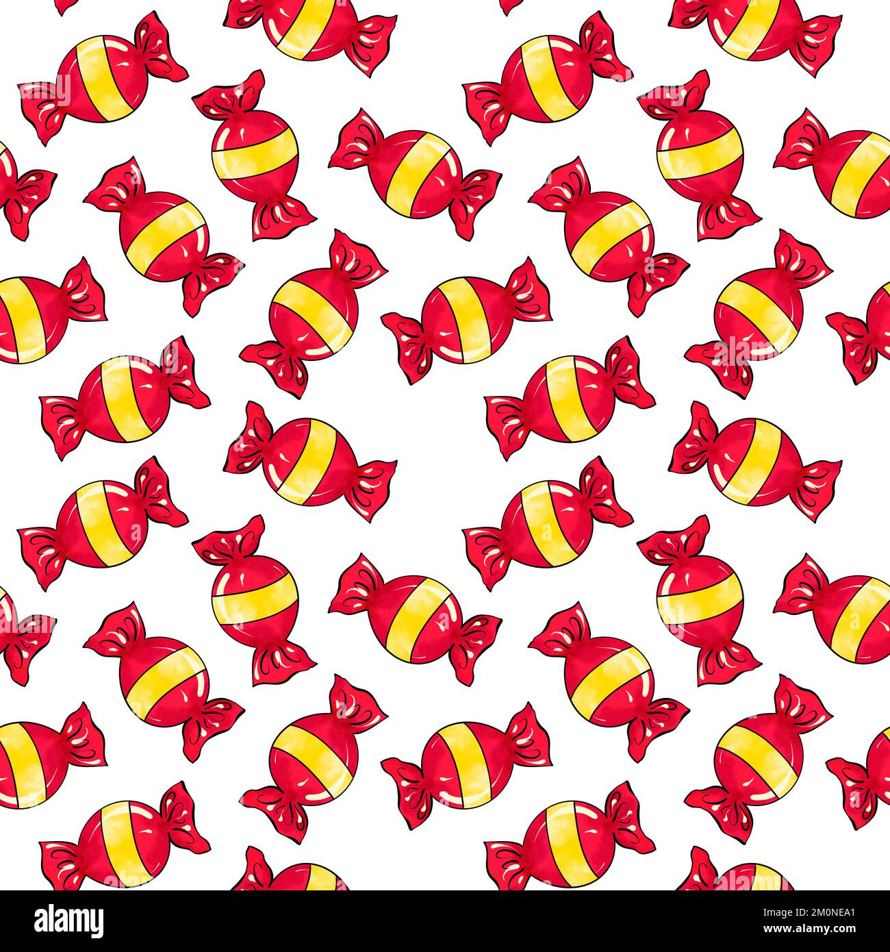 Seamless raster pattern of candy wrapped in red color with yellow ...