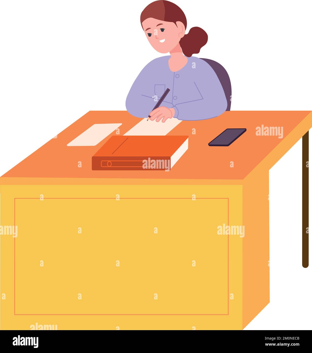 Girl writing and studying at desk. Kid doing homework isolated on white ...