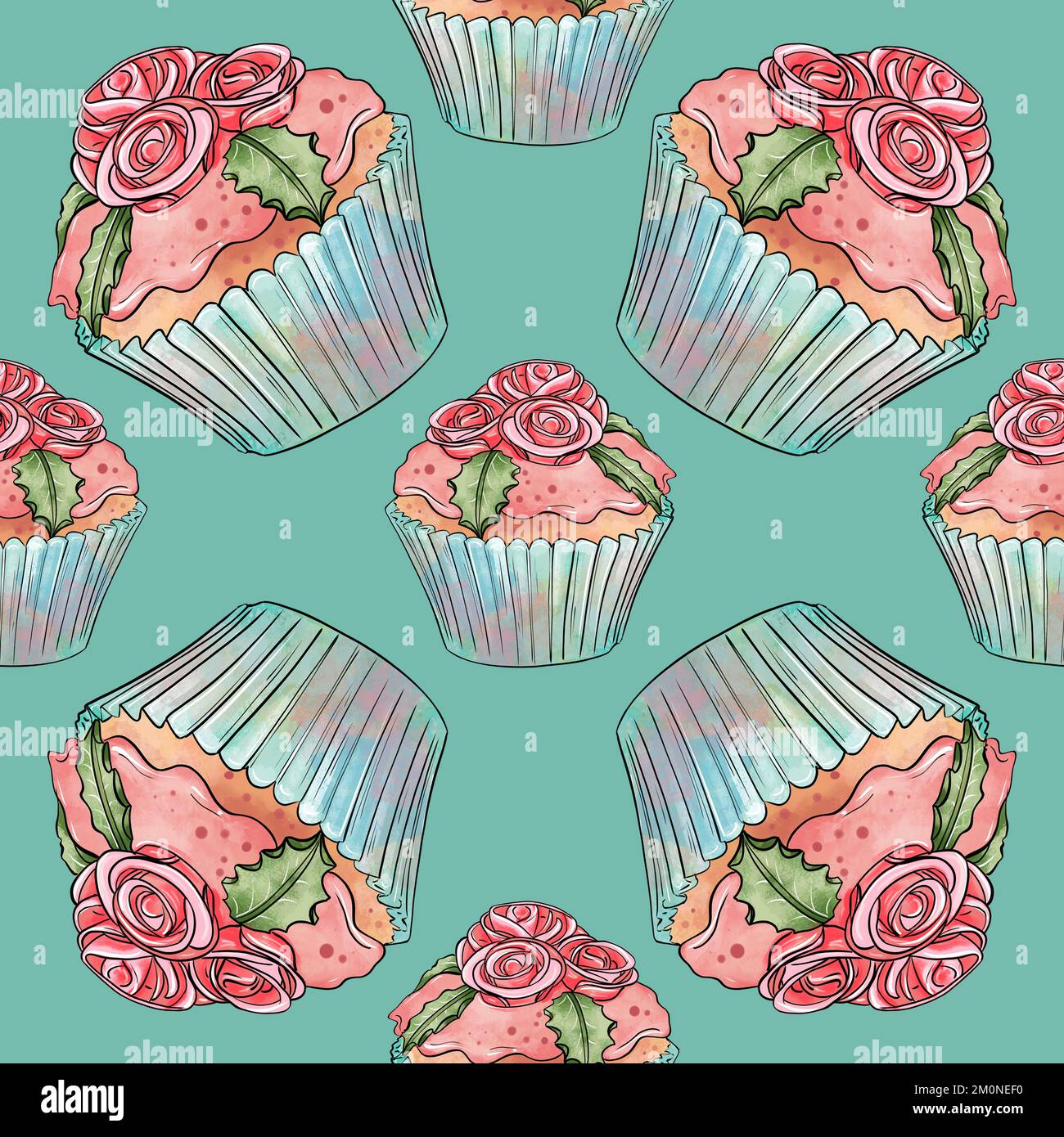 Seamless raster pattern of cupcakes with blue base and pink creamy ...