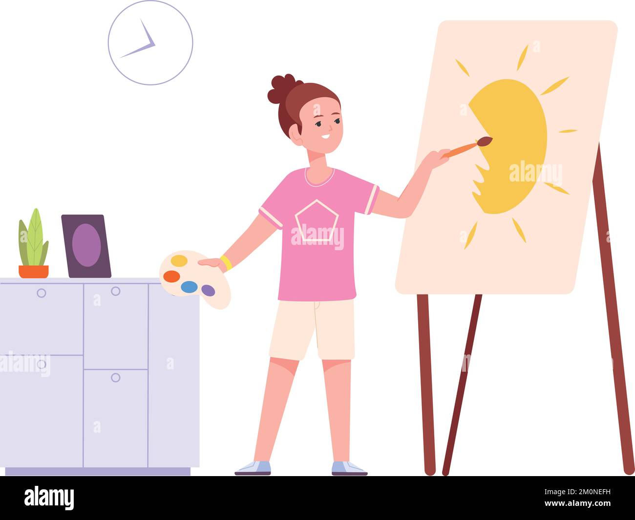 Creative girl painter. Kid drawing on canvas easel isolated on white ...