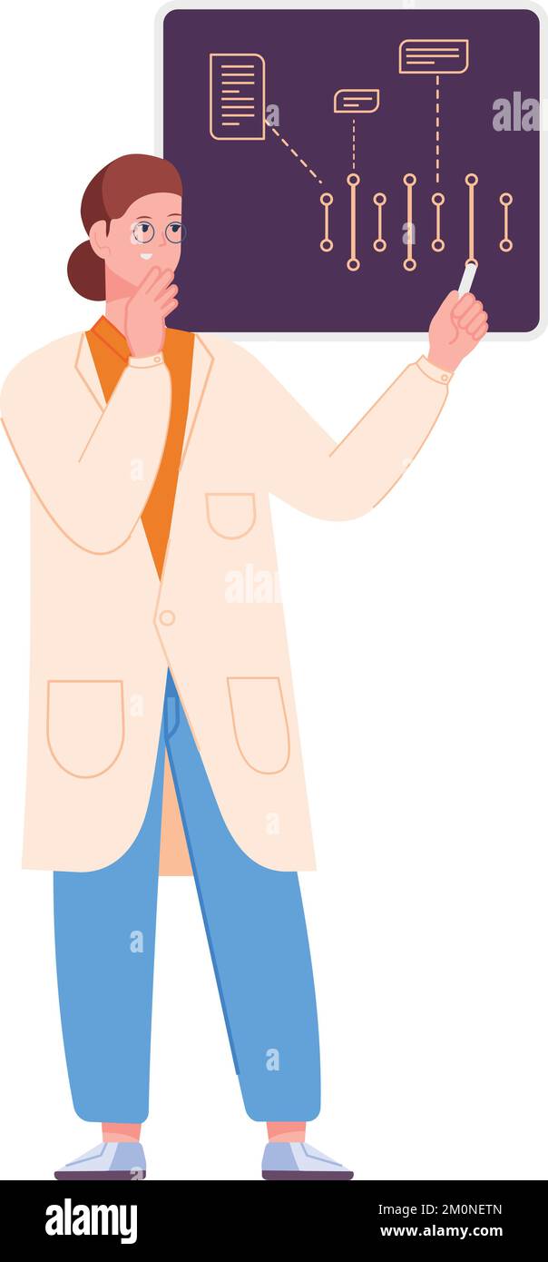 Woman in lab coat looking at scientific diagram. Laboratory research ...