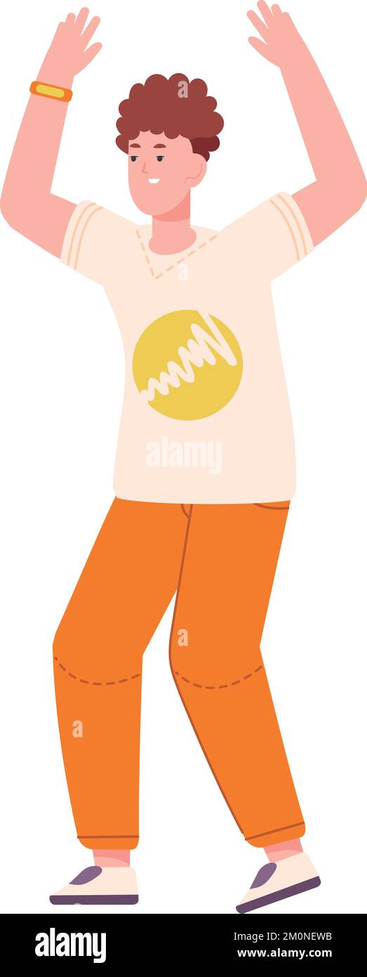 Happy active young man character with lifted hands isolated on white ...