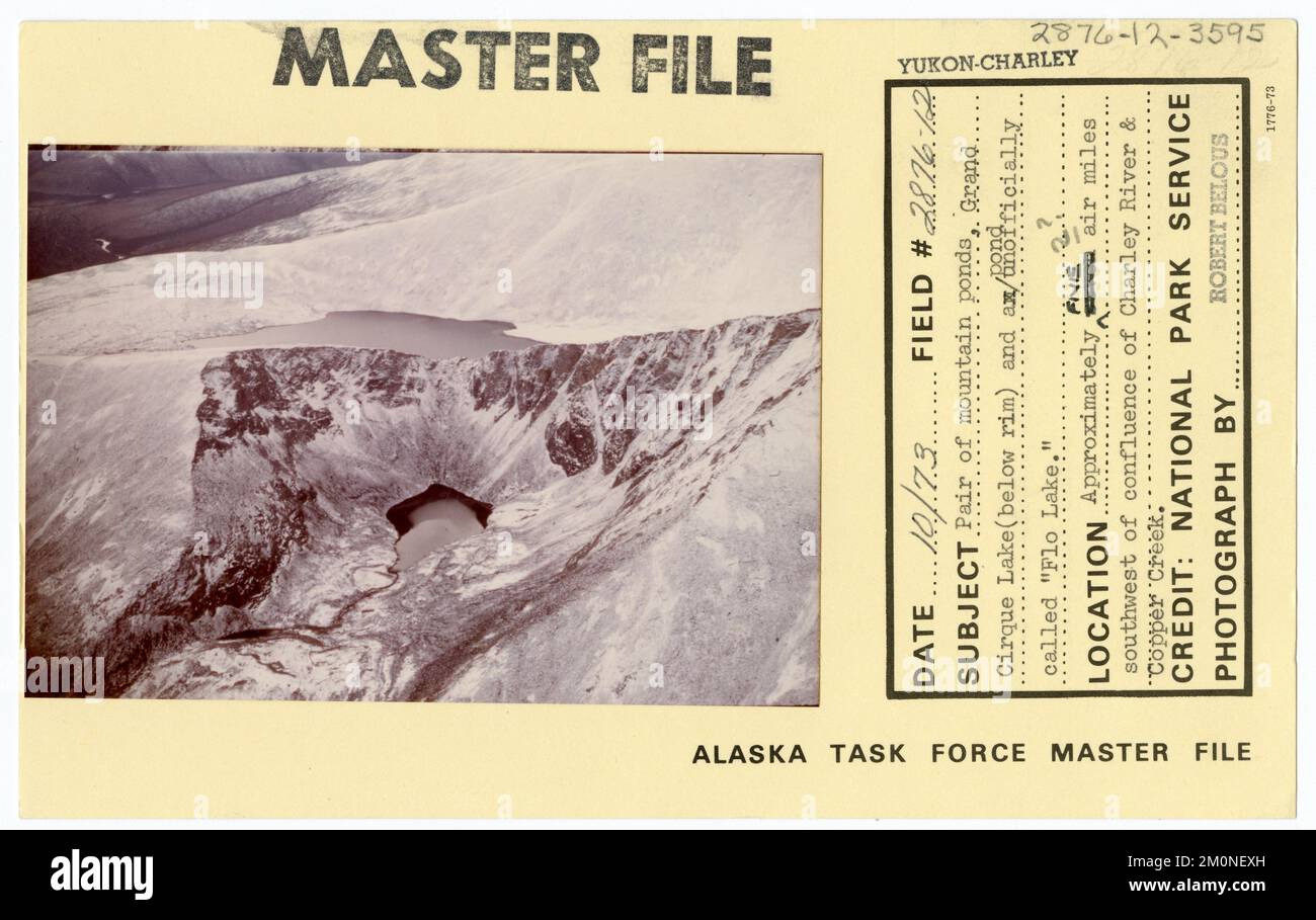 Pair of mountain ponds, Grand Cirque Lake (below rim) and a pond ...