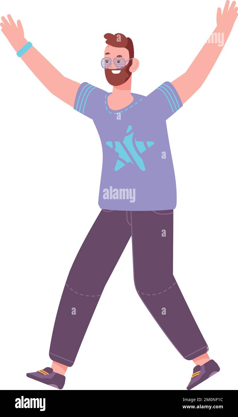 Happy man in disco glasses. Party person with raised hands isolated on ...