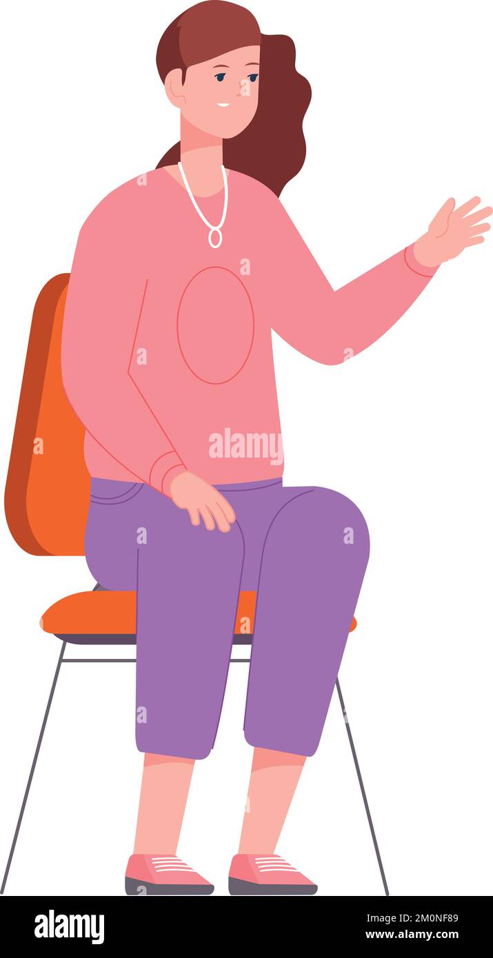 Woman sit on red chair. Waiting female character isolated on white ...