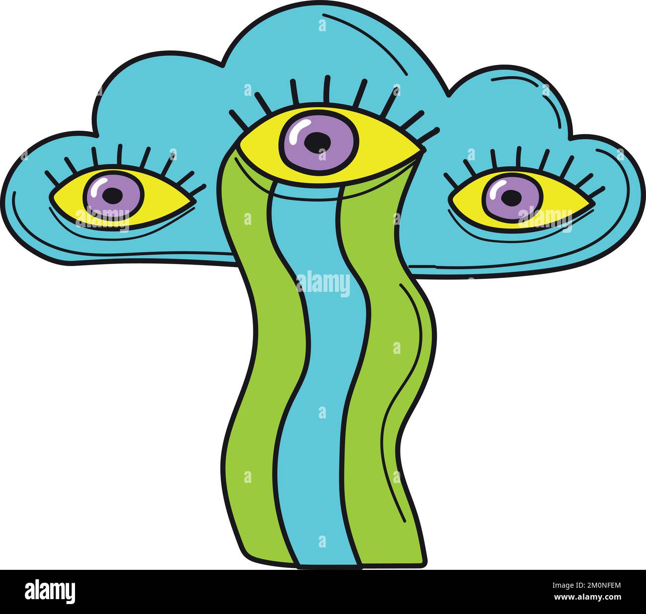 Neon psychedelic sticker. Esoteric cloud with eyes and rainbow isolated ...