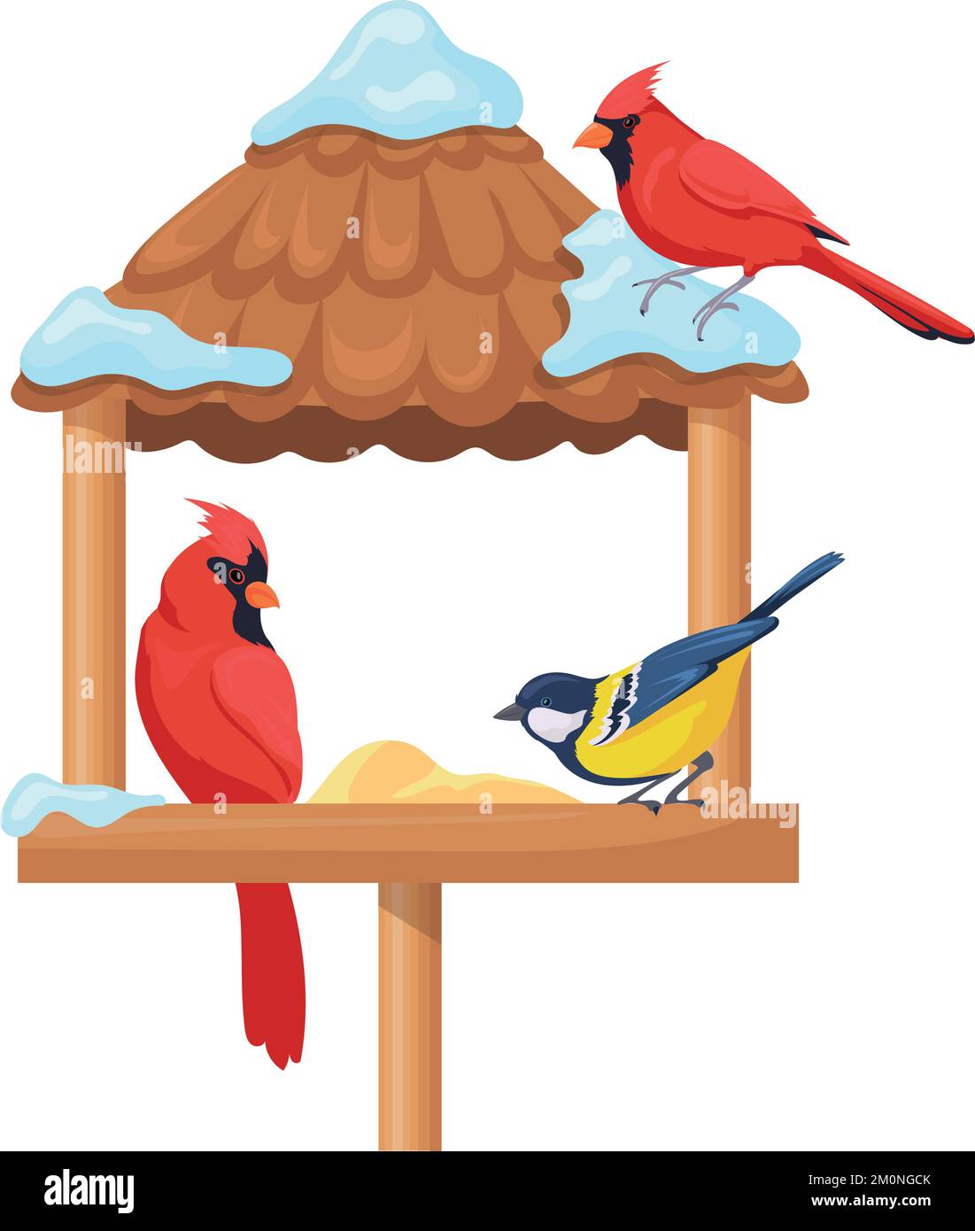 Wooden birdhouse with winter wild birds cartoon icon isolated on white ...