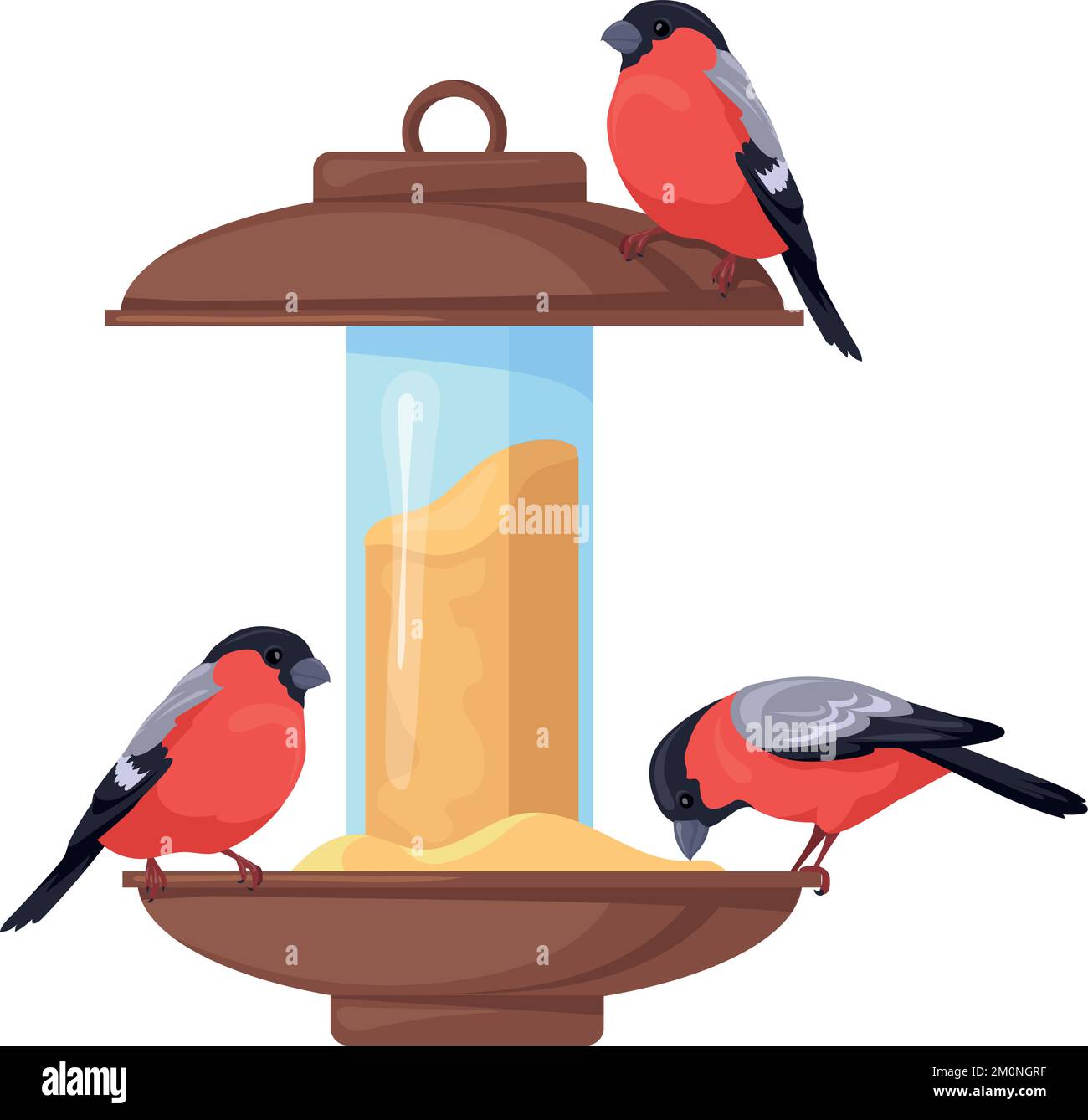 Bird feeder with eating wild bullfinch cartoon icon isolated on white ...