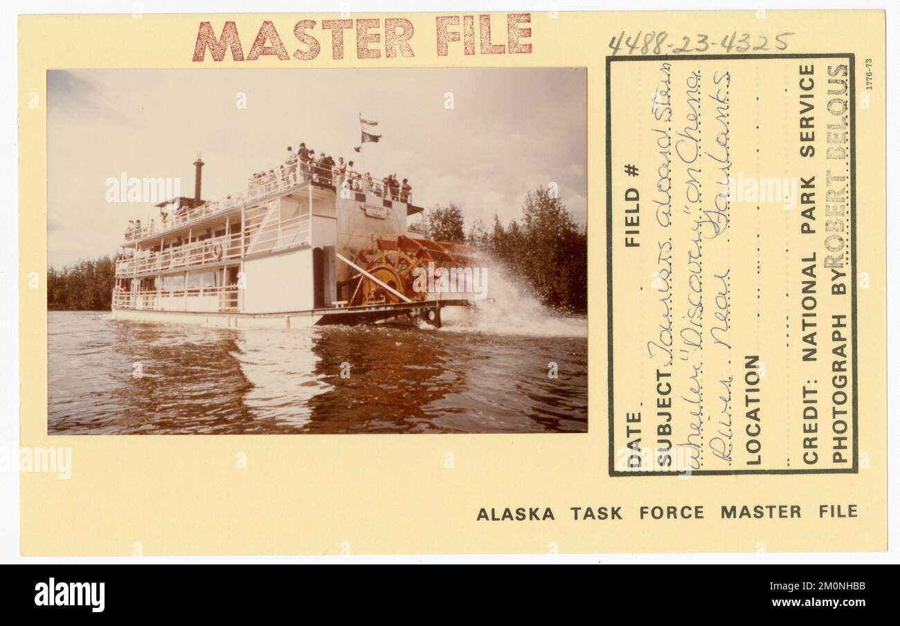 Tourists aboard sternwheeler "Discovery" on Chena River near Fairbanks ...