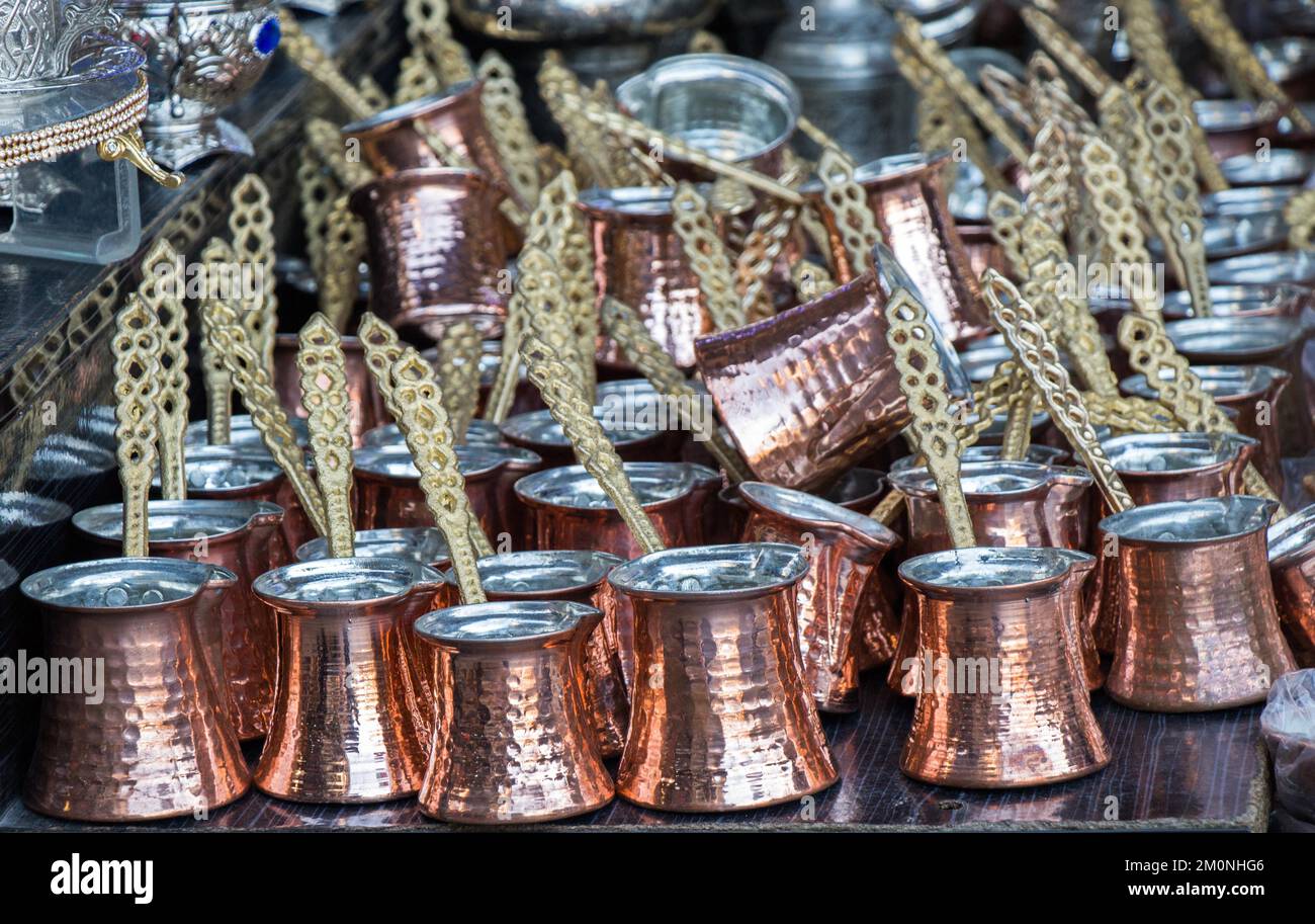 Turkish coffee pots made in a traditional style Stock Photo - Alamy