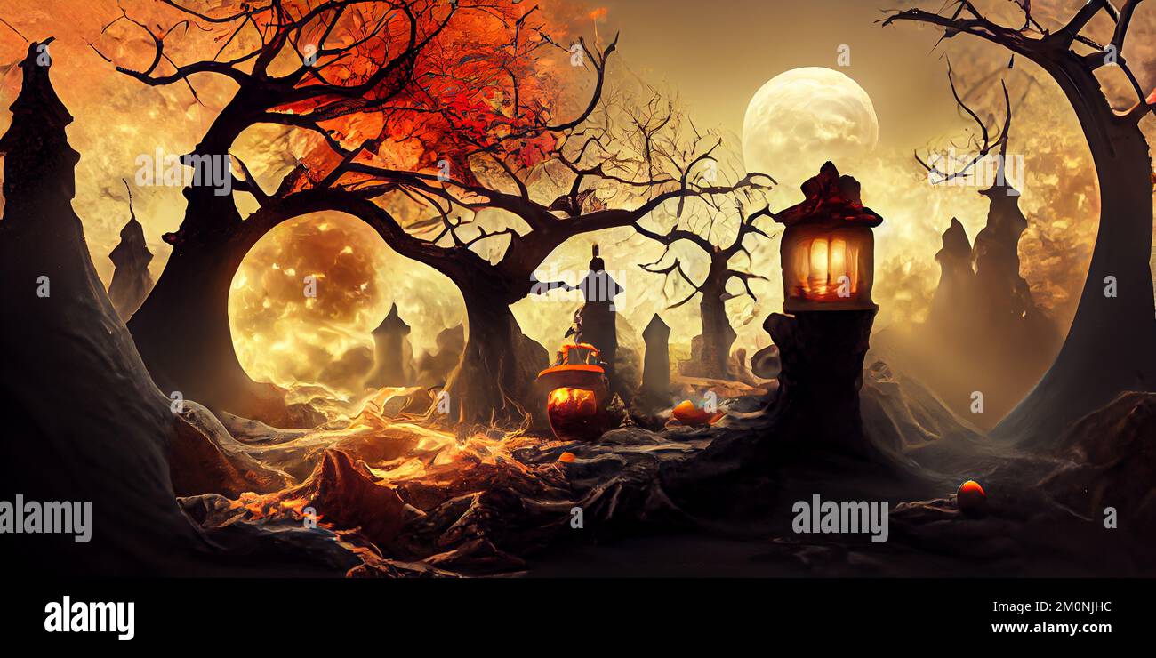 A digital illustration of a creepy haunted forest. A Halloween ...